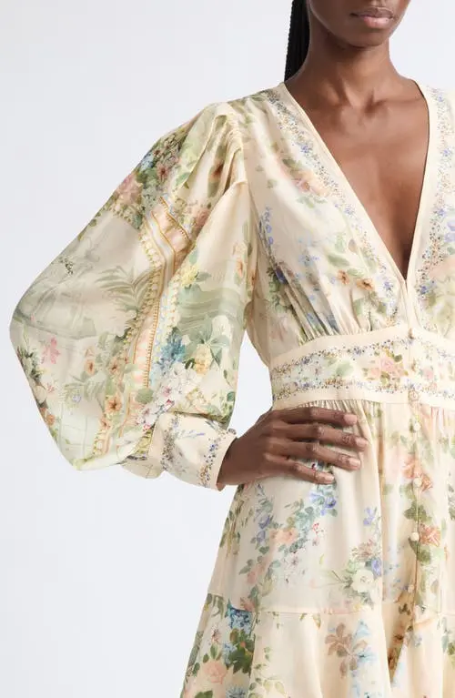 Camilla Silk Floral Print Long Sleeve Dress With Embellished Waistband