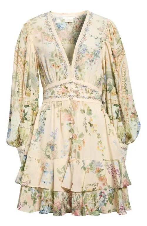 Camilla Silk Floral Print Long Sleeve Dress With Embellished Waistband
