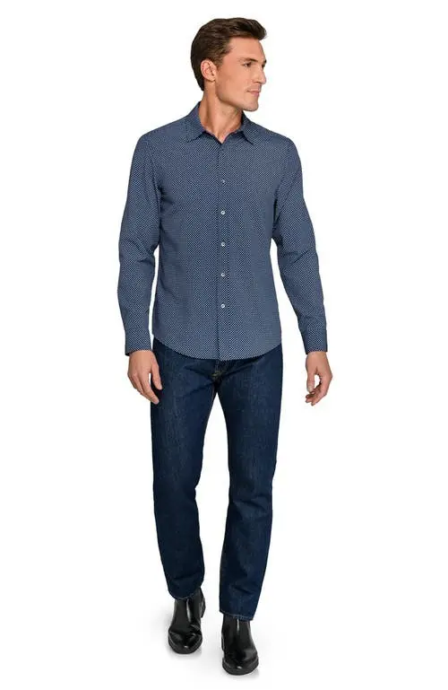 W.R.K Slim Fit Stacked Triangle Recycled Polyester Long Sleeve Shirt - Navy