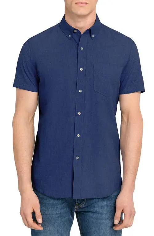 W.R.K Reworked Slim Fit Solid Short Sleeve Cotton Button-down Shirt - Navy