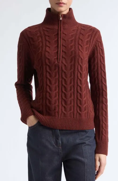 Max Mara Libero Cable Knit Cashmere Quarter Zip Sweater - Rust