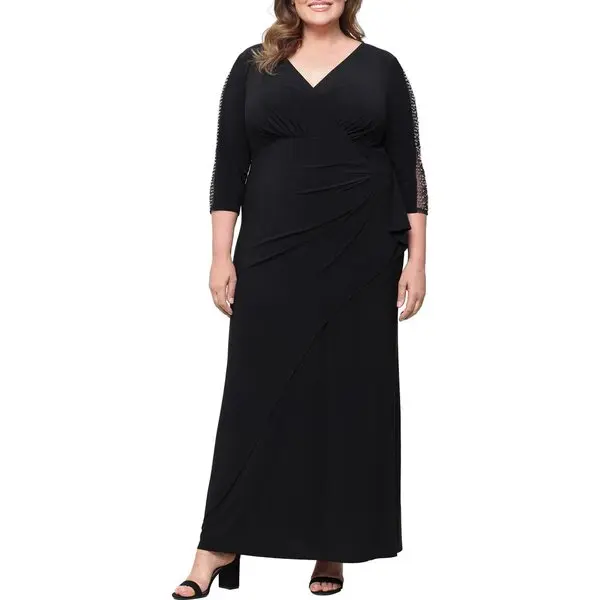 SL FASHIONS Beaded Sleeve Empire Waist Gown - Black
