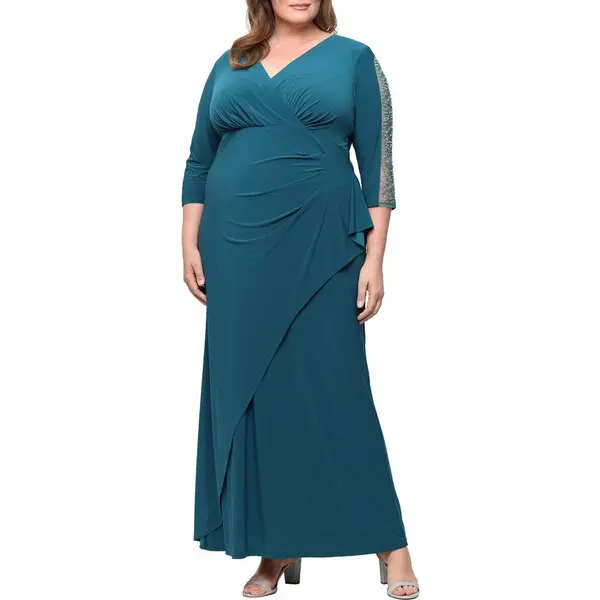 SL FASHIONS Beaded Sleeve Empire Waist Gown - Mallard