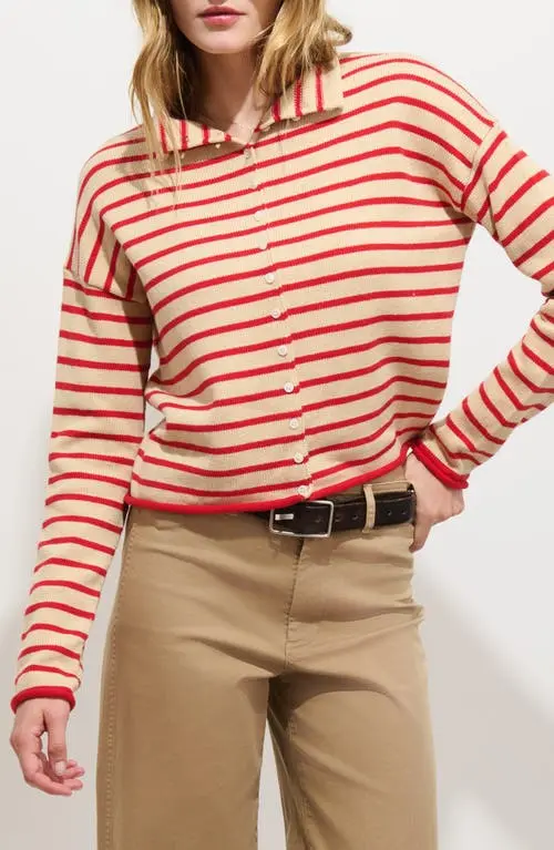 ALEX MILL Taylor Mariner Stripe Cardigan - Latte/bright Flame