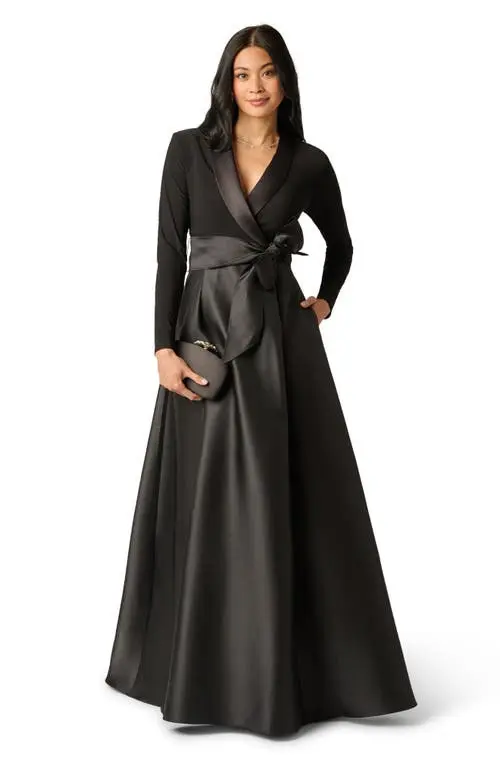 Adrianna Papell Mixed Media Long Sleeve Tuxedo Gown