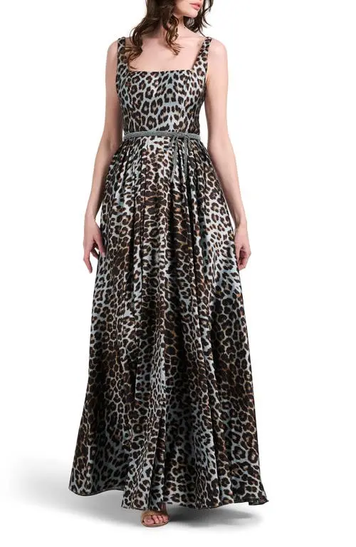 EMILY SHALANT Animal Pleated Square Neck Taffeta Ballgown