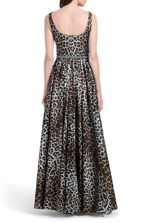 EMILY SHALANT Animal Pleated Square Neck Taffeta Ballgown