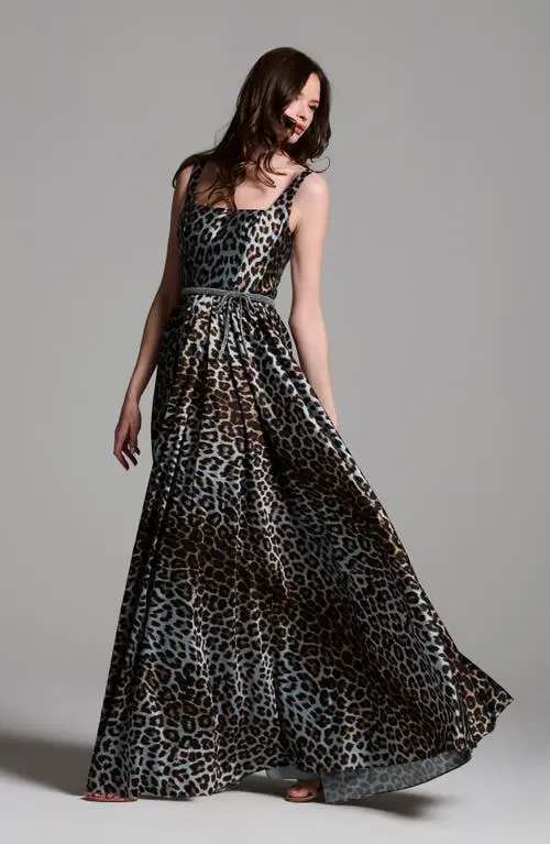 EMILY SHALANT Animal Pleated Square Neck Taffeta Ballgown