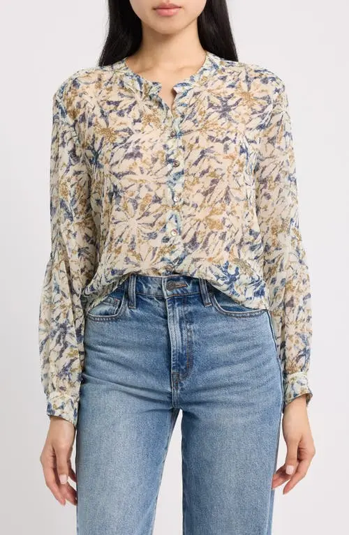 NIC+ZOE Bloomsbury Chiffon Band Collar Button-up Shirt - Neutral Multi