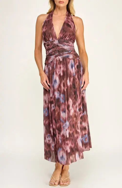 SOCIALITE Abstract Print Mesh Halter Maxi Dress - Burgundy/clay/periwinkle
