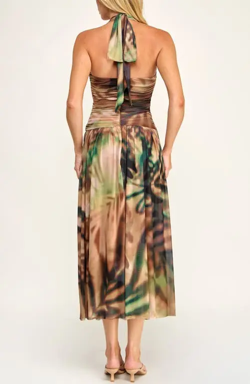 SOCIALITE Abstract Print Mesh Halter Dress - Tan/green