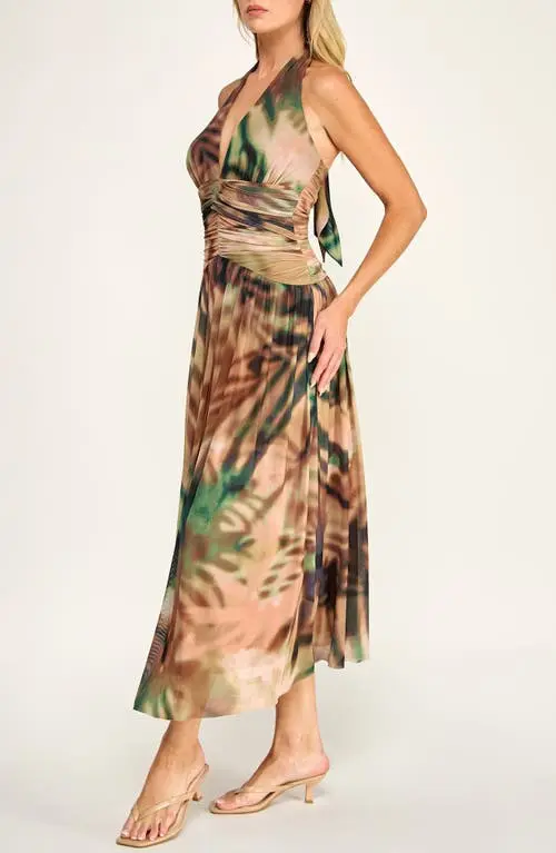 SOCIALITE Abstract Print Mesh Halter Dress - Tan/green