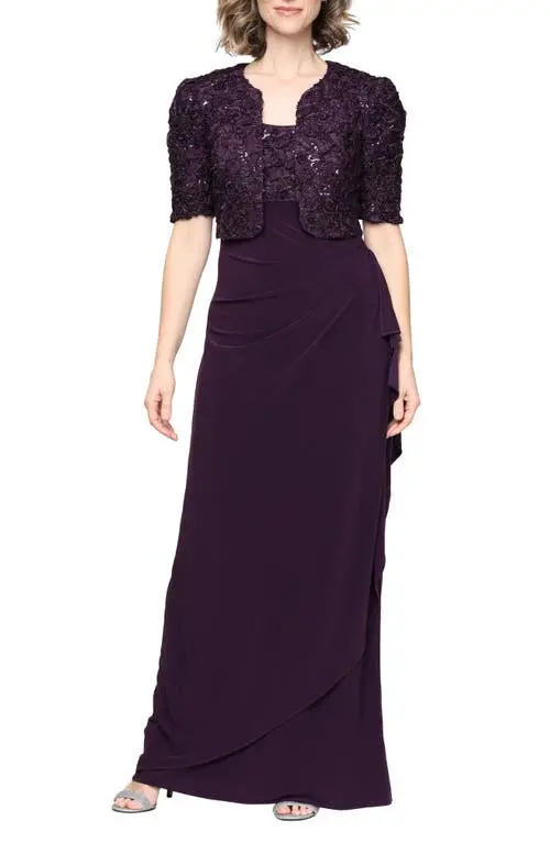 Alex Evenings Sequin Soutache Bodice Empire Waist Gown With Bolero Jacket - Deep Plum