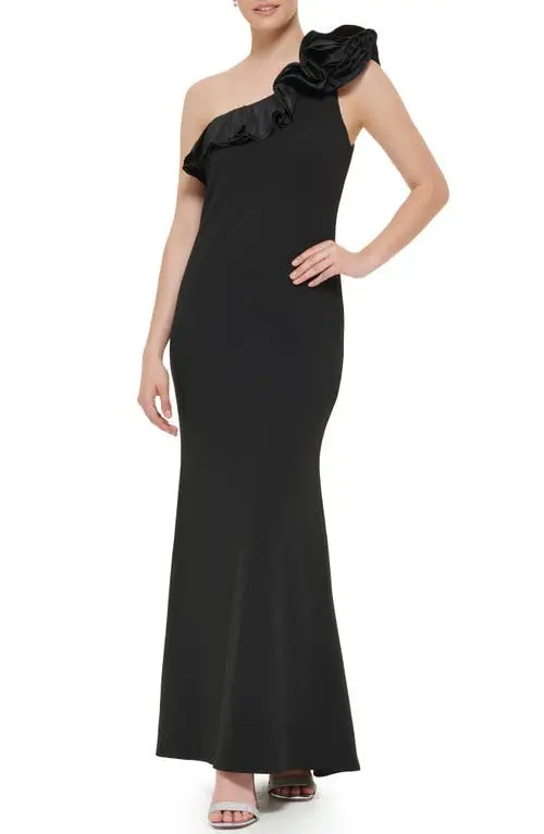JESSICA HOWARD One Shoulder Ruffle Crepe Gown