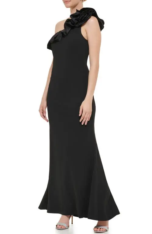 JESSICA HOWARD One Shoulder Ruffle Crepe Gown