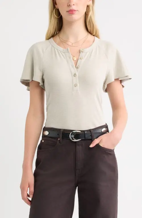 Treasure & Bond Flutter Sleeve Ribbed Henley - Beige Silver