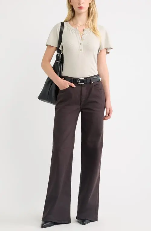 Treasure & Bond Flutter Sleeve Ribbed Henley - Beige Silver
