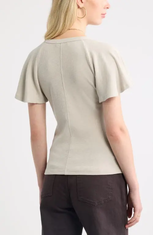Treasure & Bond Flutter Sleeve Ribbed Henley - Beige Silver