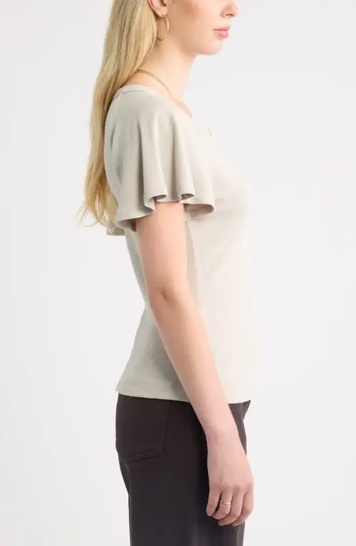 Treasure & Bond Flutter Sleeve Ribbed Henley - Beige Silver
