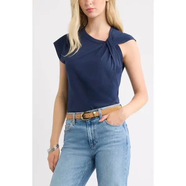 Treasure & Bond Twist Neck Asymmetric Sleeve Cotton Top - Navy Still