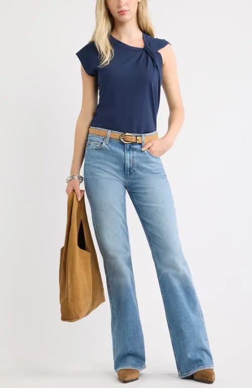 Treasure & Bond Twist Neck Asymmetric Sleeve Cotton Top - Navy Still