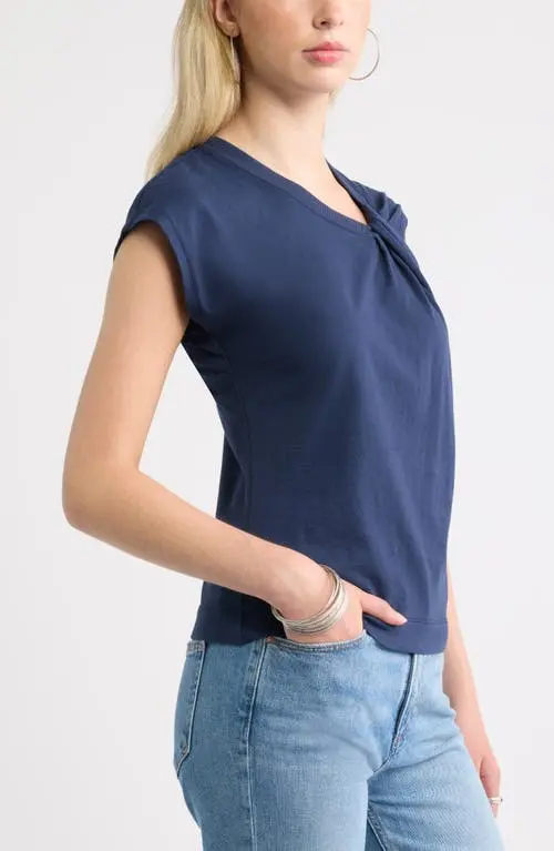 Treasure & Bond Twist Neck Asymmetric Sleeve Cotton Top - Navy Still