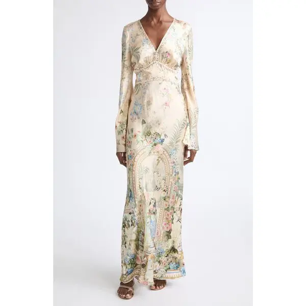 Camilla Crystal Embellished Floral Long Sleeve Silk Charmeuse V-neck Dress - Midsummer Masterpiece