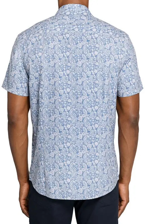 W.R.K Slim Fit Antique Floral Short Sleeve Performance Button-up Shirt - White/blue