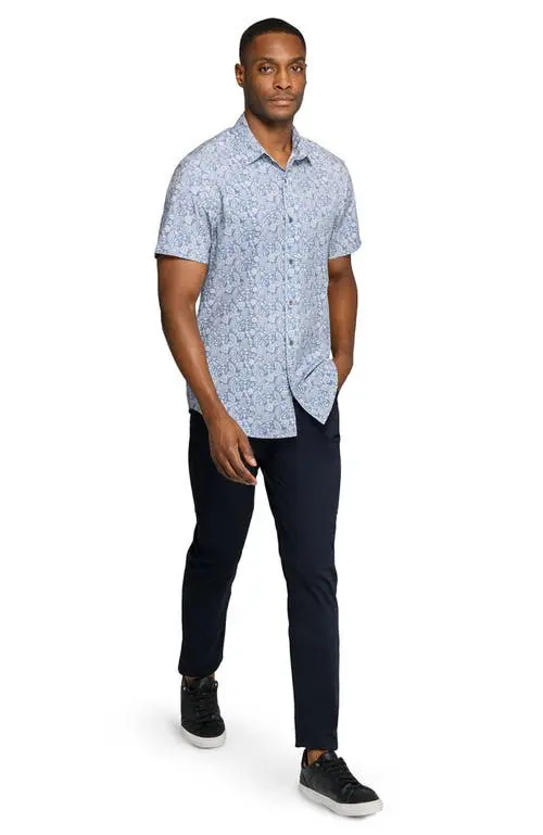 W.R.K Slim Fit Antique Floral Short Sleeve Performance Button-up Shirt - White/blue