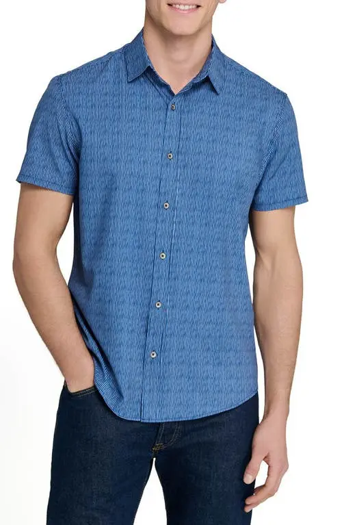 W.R.K Basic Slim Fit Abstract Stripe Short Sleeve Performance Button-up Shirt - Navy