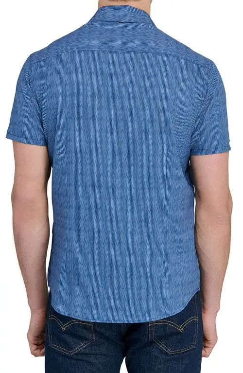 W.R.K Basic Slim Fit Abstract Stripe Short Sleeve Performance Button-up Shirt - Navy