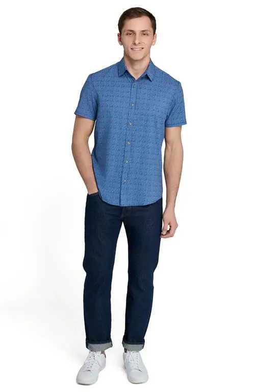 W.R.K Basic Slim Fit Abstract Stripe Short Sleeve Performance Button-up Shirt - Navy