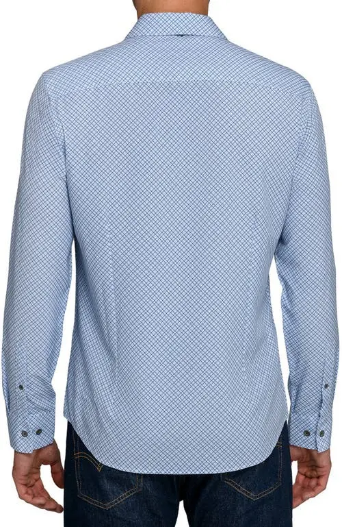 W.R.K Slim Fit Geo Lattice Plaid Recycled Polyester Long Sleeve Shirt - Blue/green