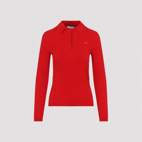 Prada Ribbed Long Sleeve Polo Shirt - Red