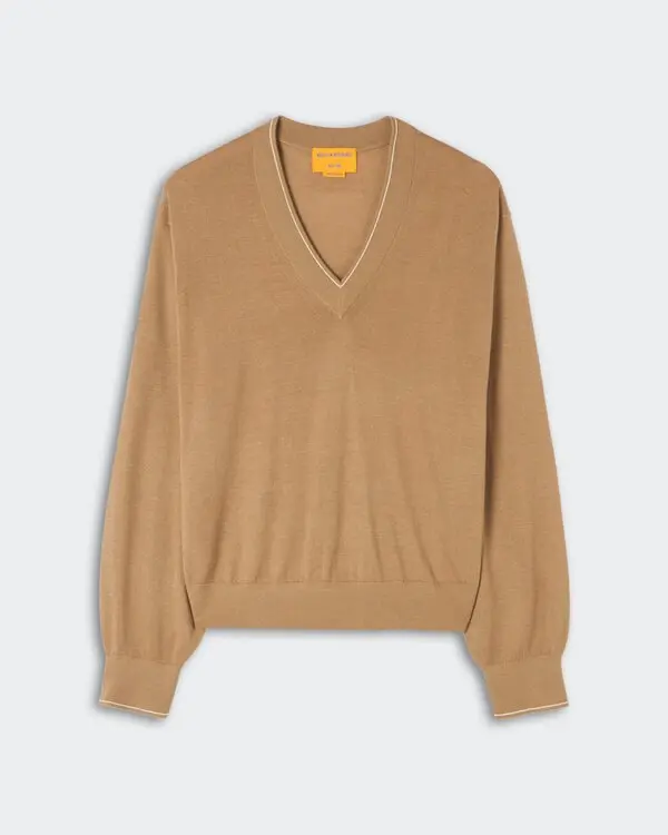 Guest In Residence Cashmere V-neck Sweater With Contrast Tipping And Ribbed Hems - Beige
