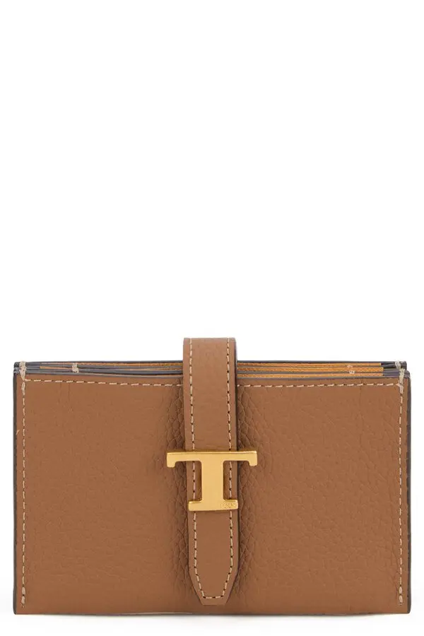 TOD`S Calfskin Leather Wallet With Gold Logo Front Closure
