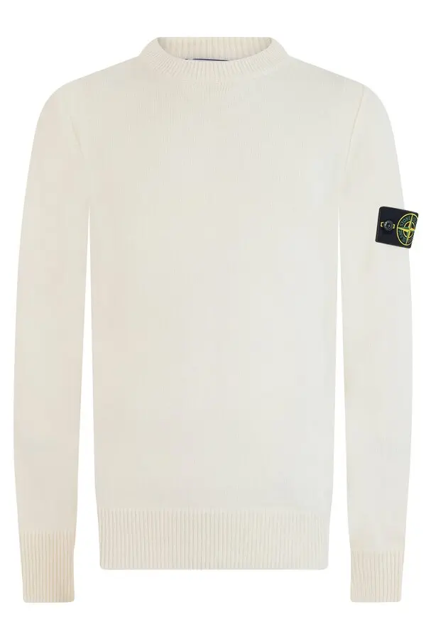 Stone Island Crewneck Sweater In Virgin Wool With Small Sleeve Logo - White