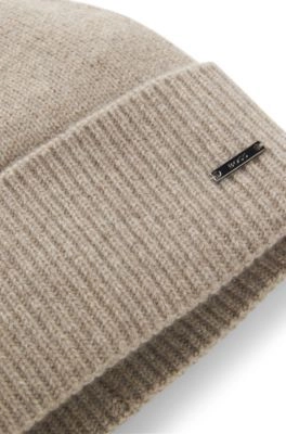 BOSS Knit Cashmere Beanie With Metal Logo Plaque