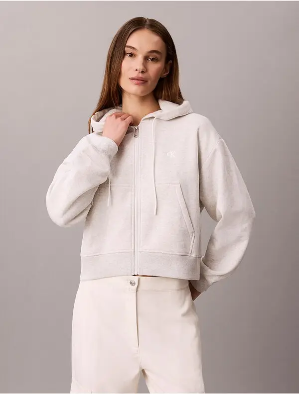 Calvin Klein Monogram Logo Fleece Zip Hoodie - Light Grey Heather