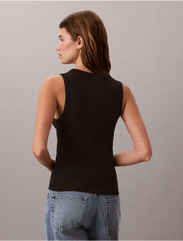 Calvin Klein Woven Monologo Rib Tank Top - Black