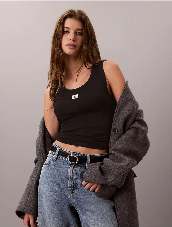 Calvin Klein Woven Monologo Rib Tank Top - Black