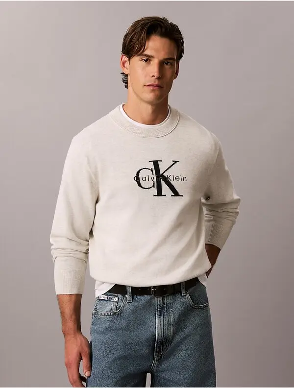 Calvin Klein Cotton Monologo Graphic Relaxed Sweater - Snow Heather