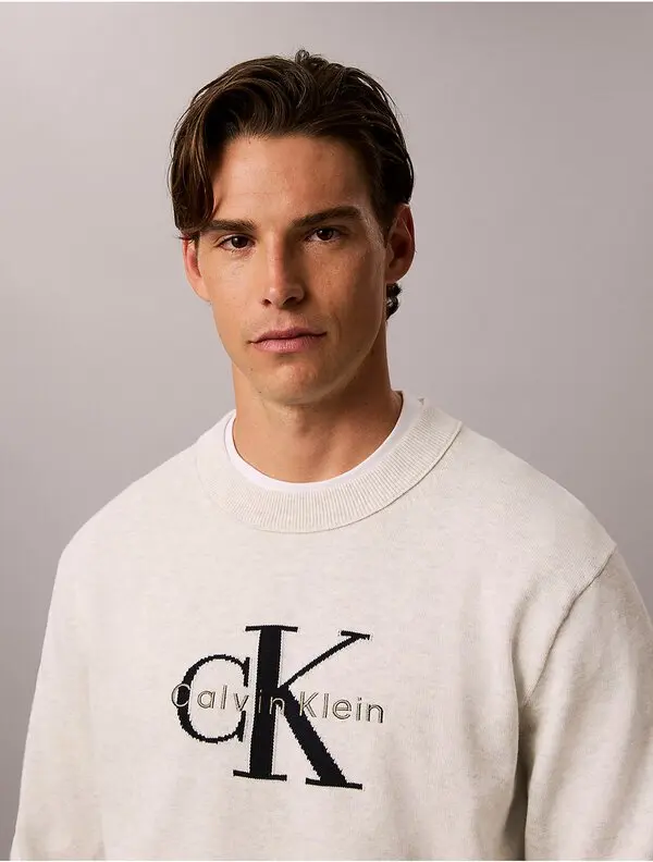 Calvin Klein Cotton Monologo Graphic Relaxed Sweater - Snow Heather
