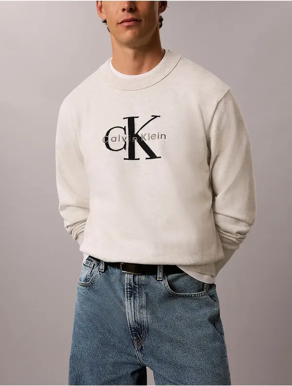Calvin Klein Cotton Monologo Graphic Relaxed Sweater - Snow Heather