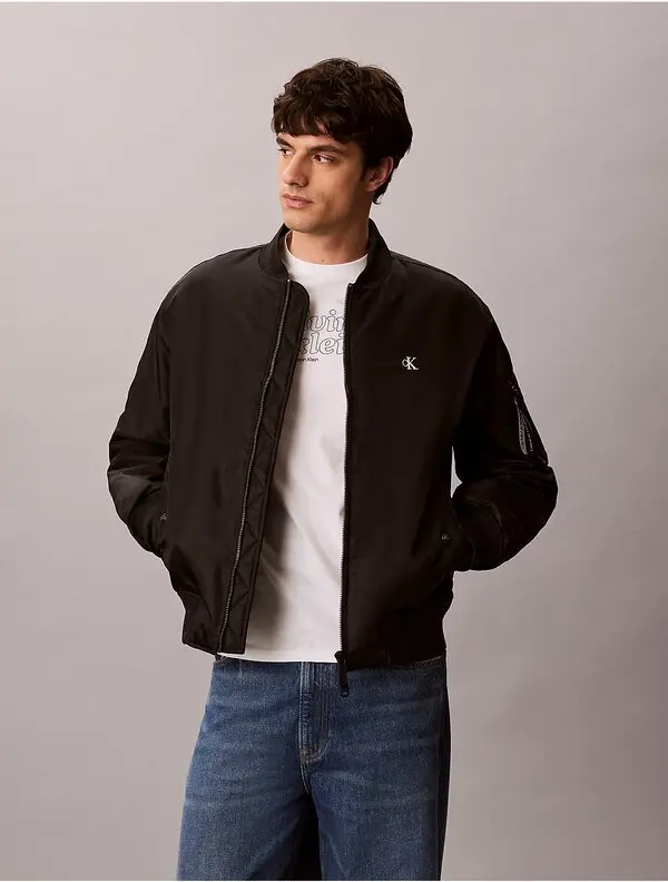 Calvin Klein Embroidered Monogram Nylon Bomber Jacket - Black