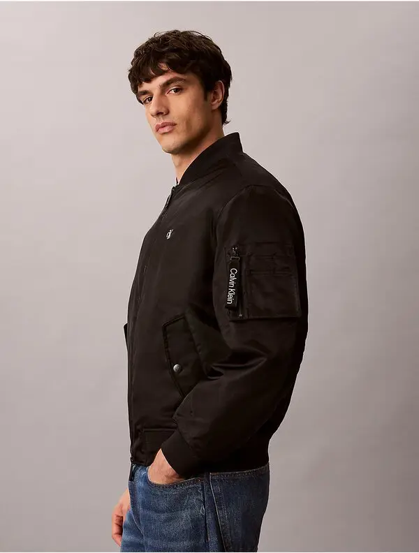 Calvin Klein Embroidered Monogram Nylon Bomber Jacket - Black