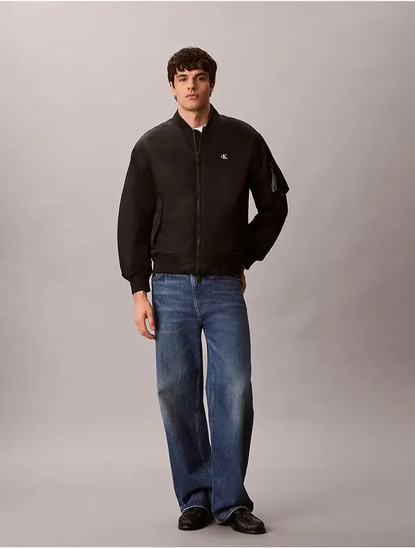 Calvin Klein Embroidered Monogram Nylon Bomber Jacket - Black