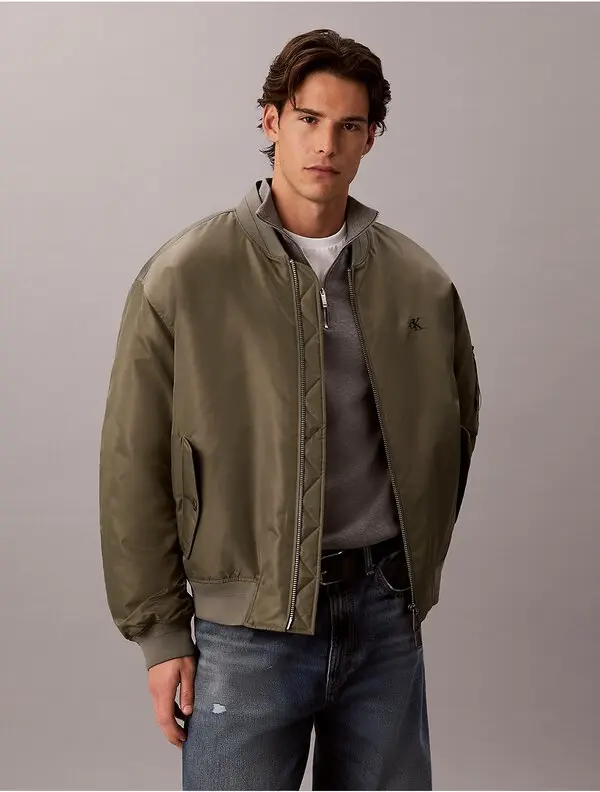 Calvin Klein Embroidered Monogram Nylon Bomber Jacket - Dusty Olive