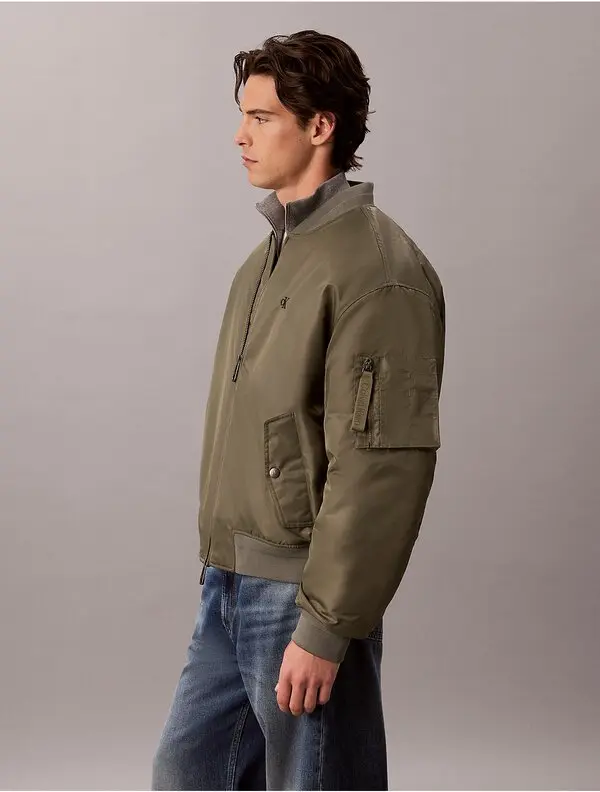 Calvin Klein Embroidered Monogram Nylon Bomber Jacket - Dusty Olive