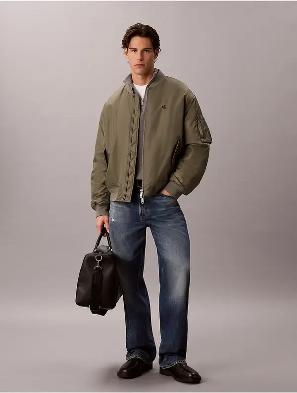 Calvin Klein Embroidered Monogram Nylon Bomber Jacket - Dusty Olive